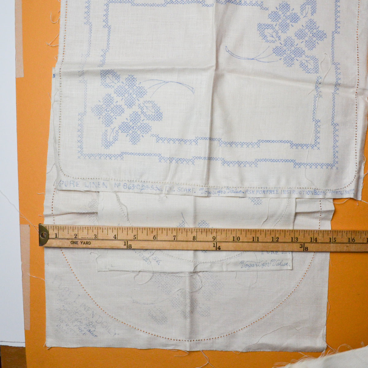 Floral Cross Stitch Print Linen TV Scarf + Doilies, Stamped to Embroid ...