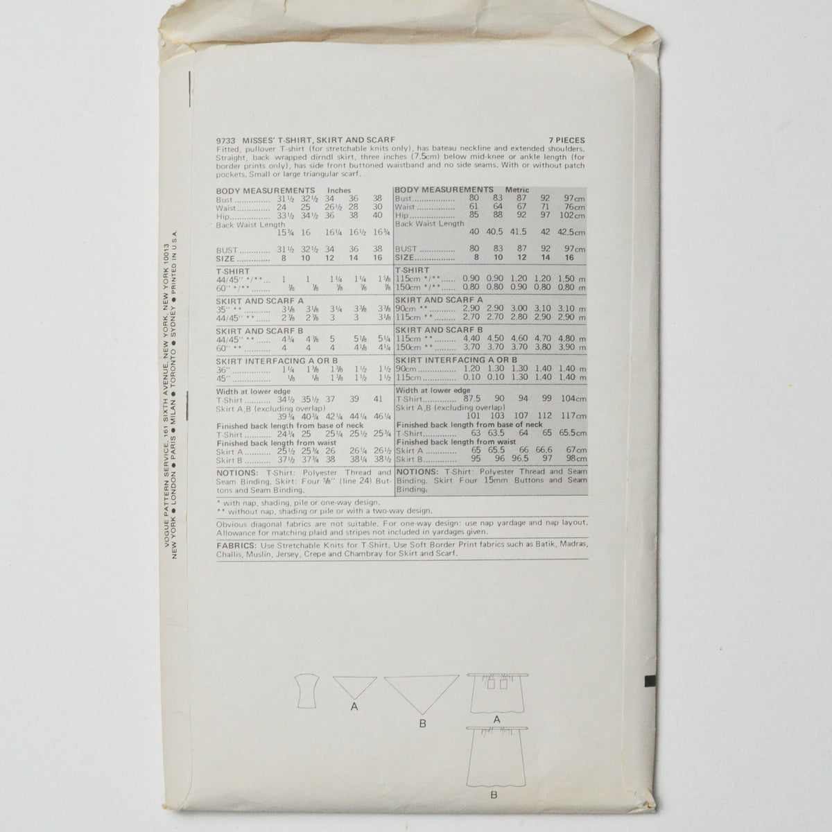 Vogue Patterns 9733 T-Shirt, Skirt, + Scarf Sewing Pattern Size 12 ...