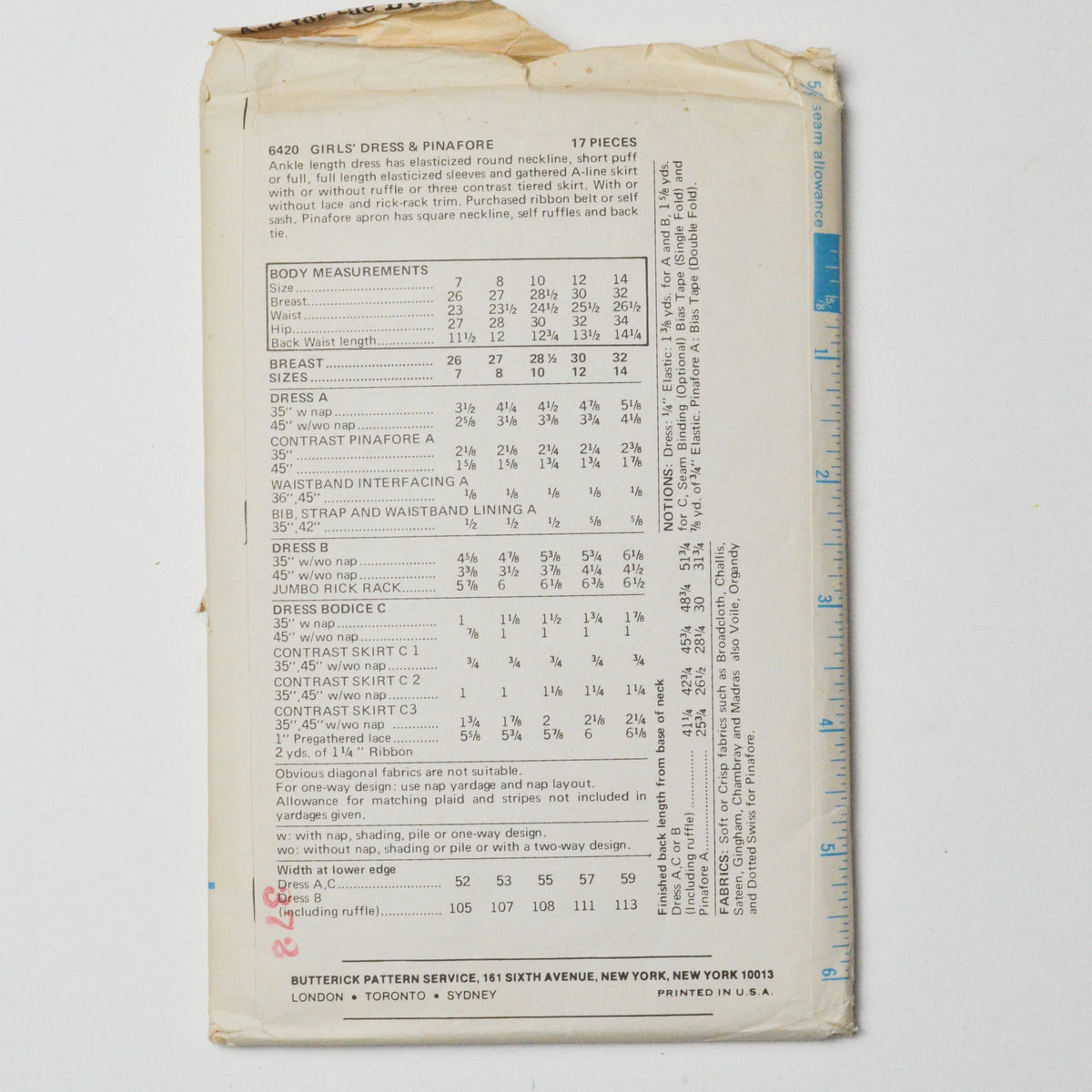 Butterick 6420 Girls' Dress + Pinafore Sewing Pattern - Size 8 – Make ...