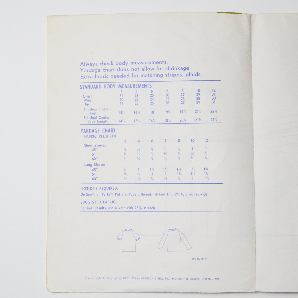 Stretch + Sew 862 Children's Raglan Sleeve Top Sewing Pattern Size 2-1 ...