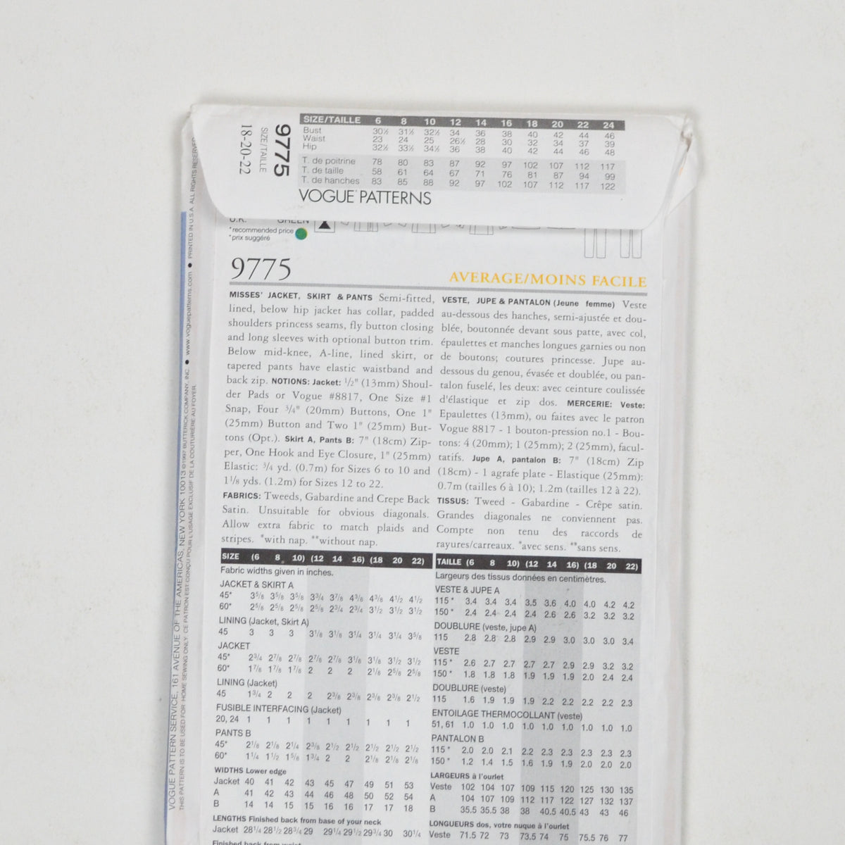 Vogue Woman 9775 Jacket, Skirt + Pants Sewing Pattern (18-22) – Make & Mend