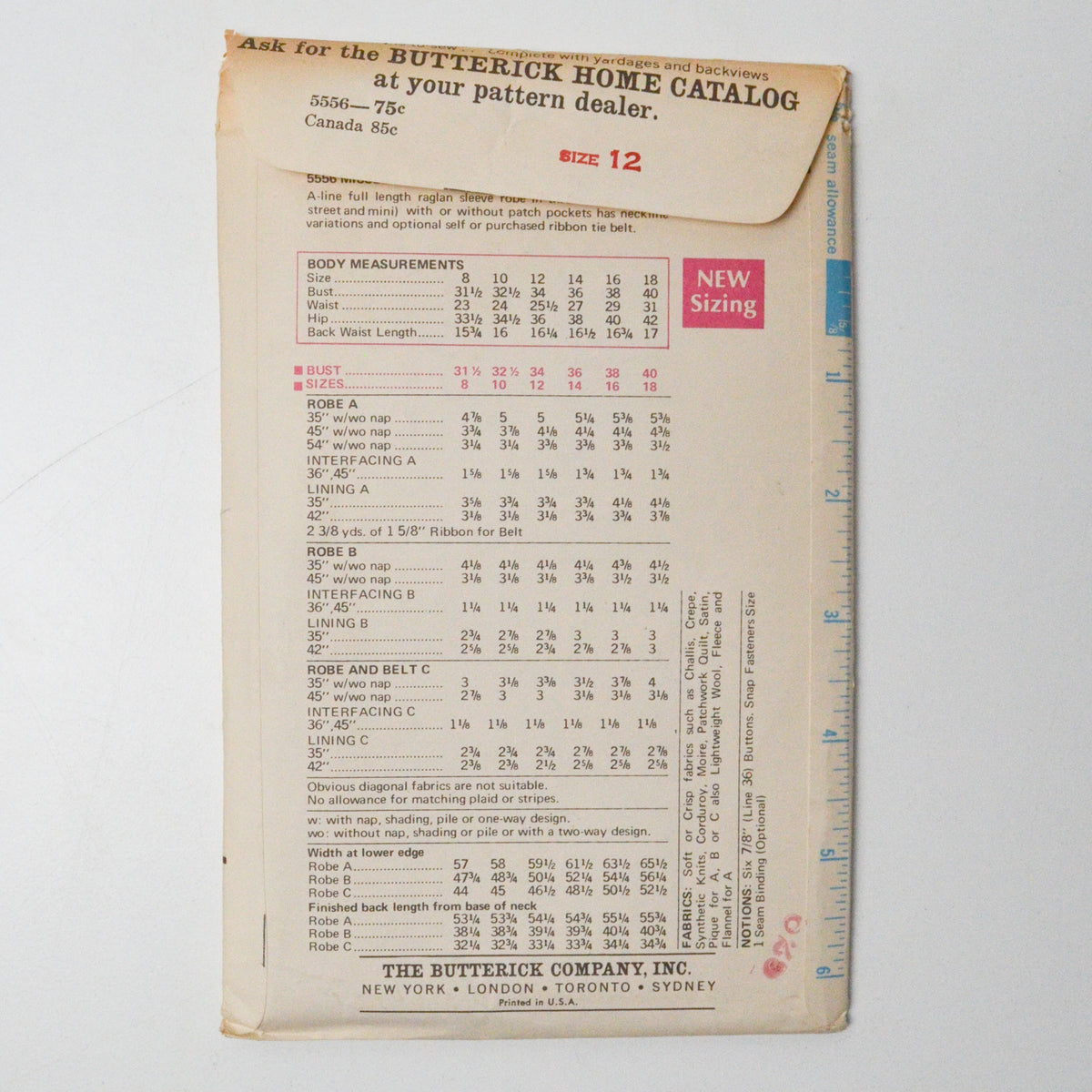 Butterick 5556 Robe Sewing Pattern - Size 12 – Make & Mend