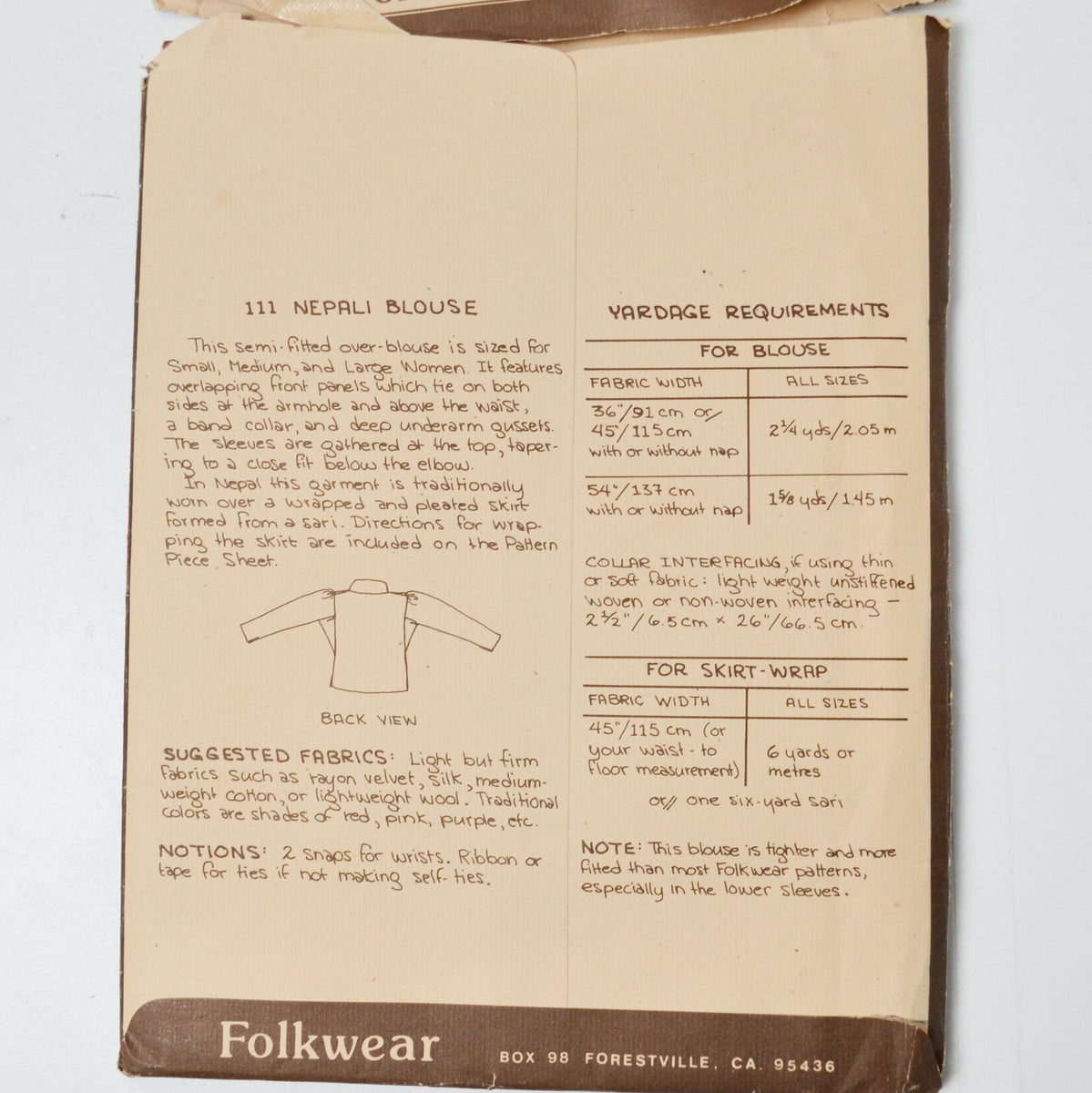 Folkwear 111 Nepali Blouse Sewing Pattern - Size 8-14 – Make & Mend